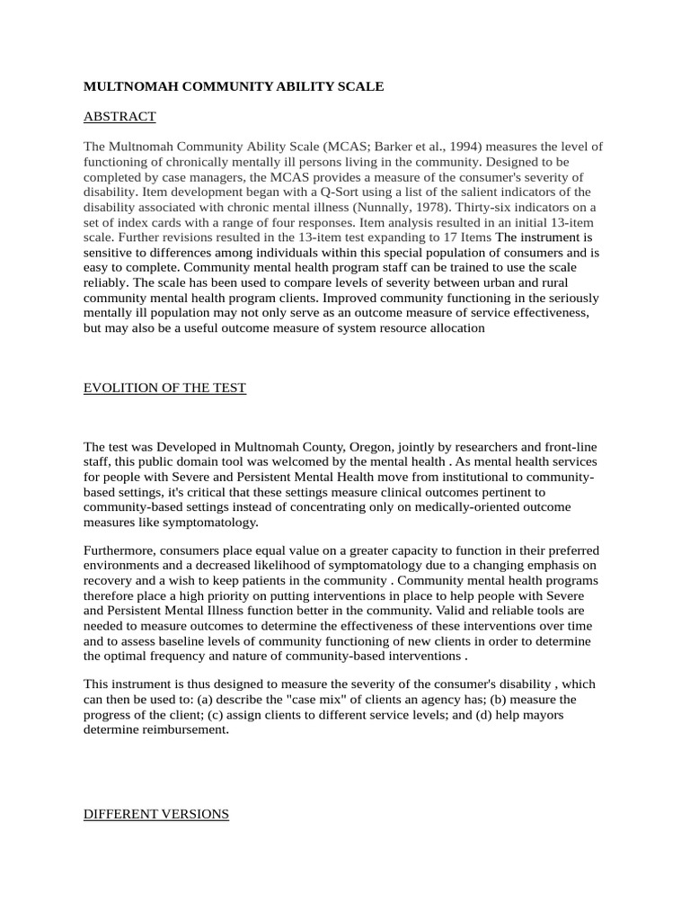 Multnomah Community Ability Scale Overview | PDF | Validity (Statistics ...