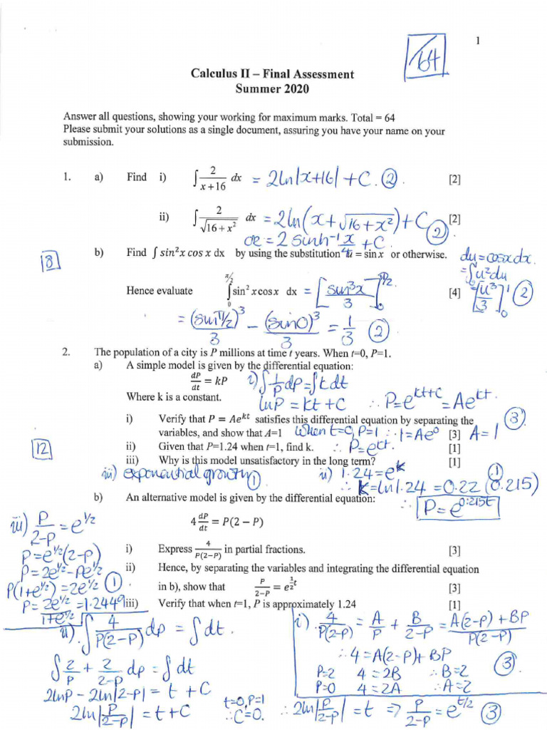 Calculus II Final Assessment Sum 2020 Solutions | PDF