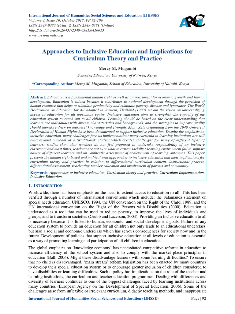 Approaches To Inclusive Education and Implications For Curriculum Theory and Practice | PDF ...