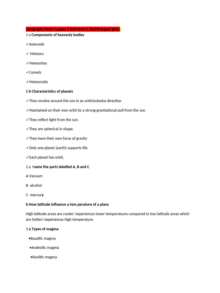 Geography Form 3 Term 2 End Term (Pangani Mock 2024) - WPS Office | PDF ...