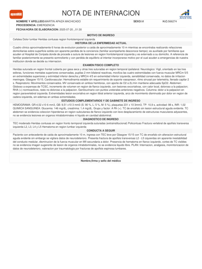 Nota Internacion | PDF | Medicina CLINICA | Especialidades Medicas