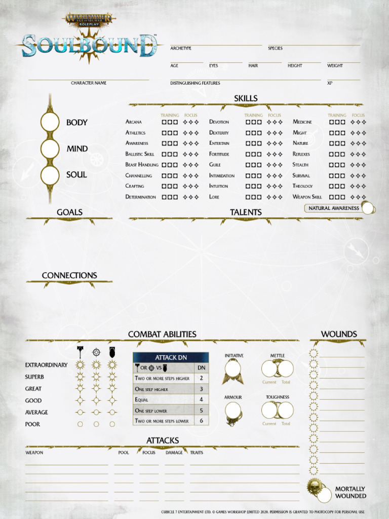 AoS Soulbound Character Sheet Fillable | PDF