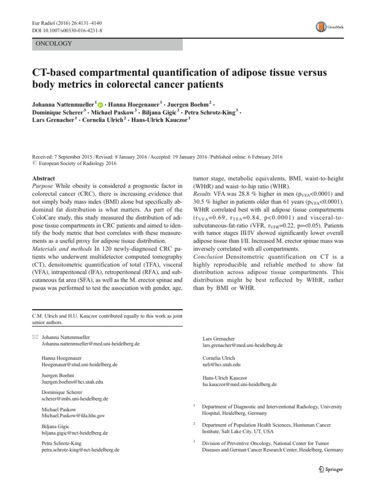 CT-based Compartmental Quantification of Adipose Tissue Versus Body Metrics in Colorectal Cancer ...