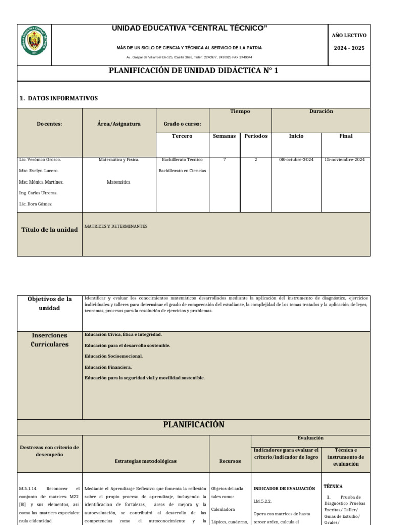 3m Plan de Unidad Didáctica 1 | PDF | Matriz (Matemáticas) | Determinante