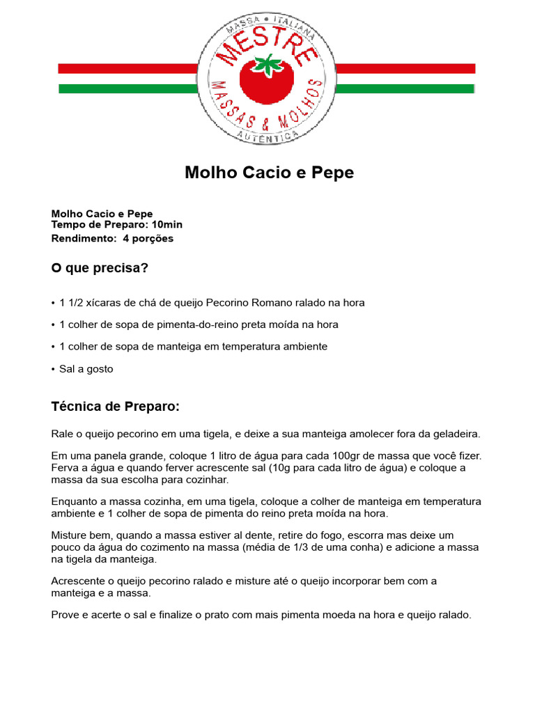 Molho Cacio+e+Pepe | PDF | Queijo | Creme (gastronomia)