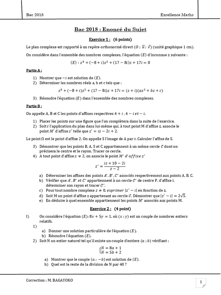 Correction Bac 2018 Maths - Exercice Complet | PDF | Nombre complexe ...