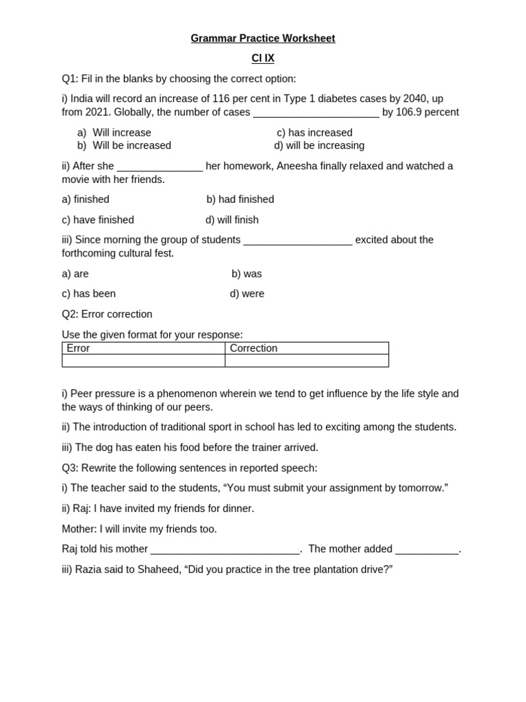 Grammar Practice Worksheet CL 9 | PDF
