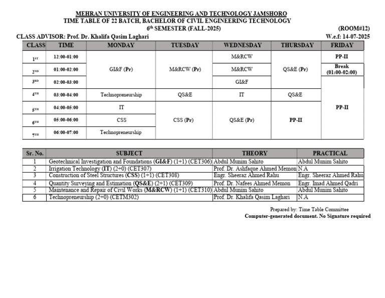 Civil Engineering 6th Semester Timetable | PDF | Engineering | Civil ...