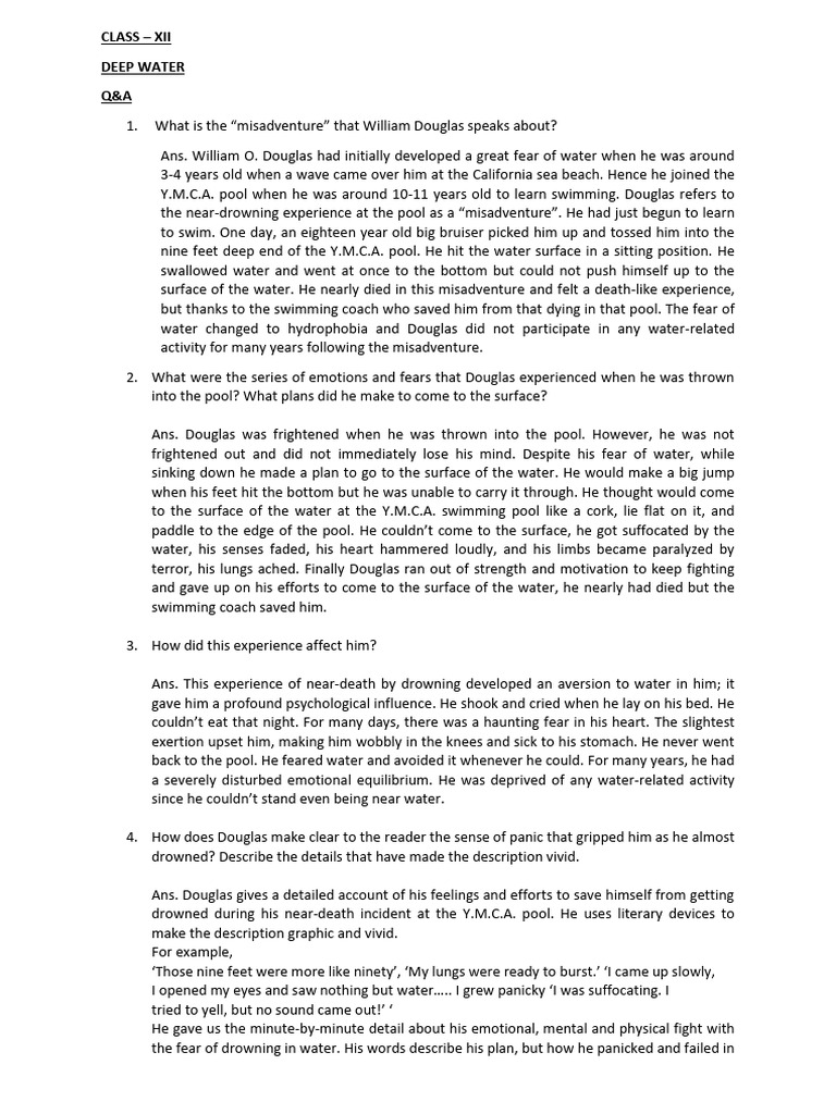 Notes - Class Xii - Deep Water | PDF | Swimming | Fear