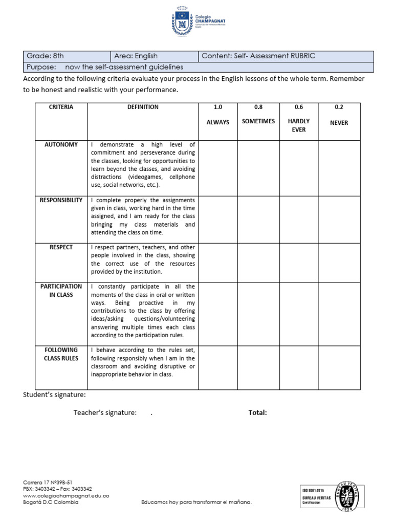 Self-Assessment Rubric 2024 | PDF