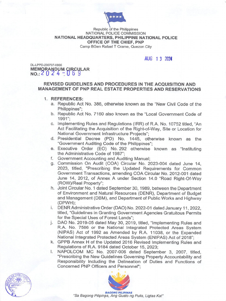 PNP MC No. 2024 069 Revised Guidelines in The Acquisition and Management of PNP Real Estate ...