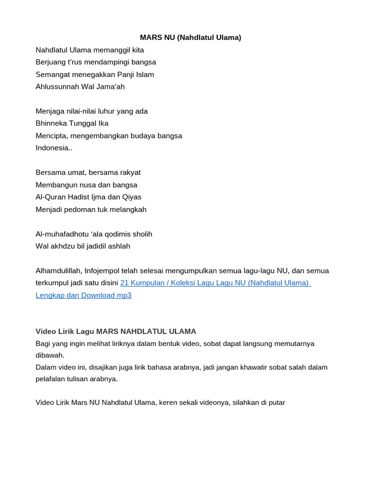 Lirik Mars Nahdlatul Ulama dan Muslimat | PDF