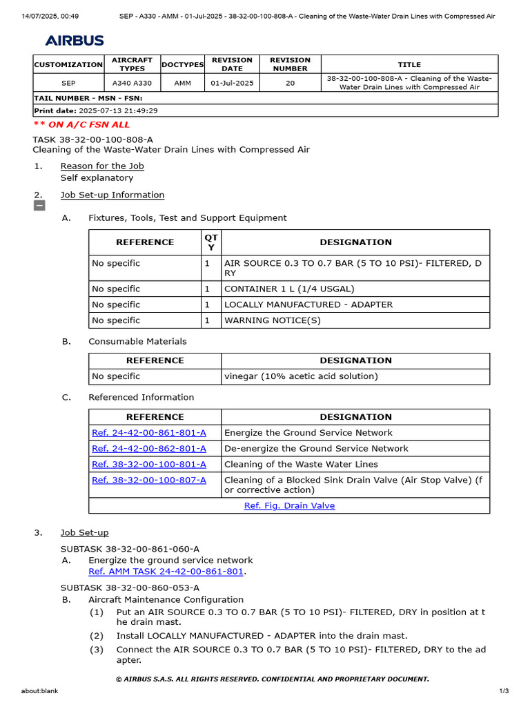 SEP - A330 - AMM - 01-Jul-2025 - 38-32-00-100-808-A - Cleaning of The Waste-Water Drain Lines ...