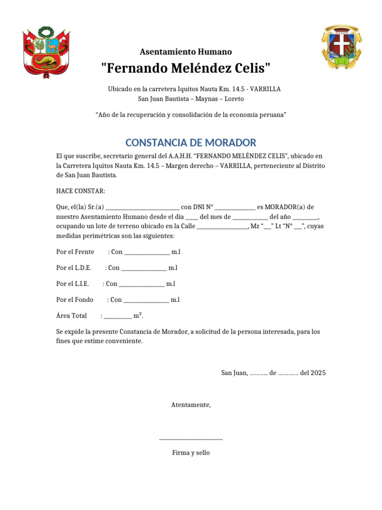 Constancia de Morador - A.A.H.H. Meléndez | PDF