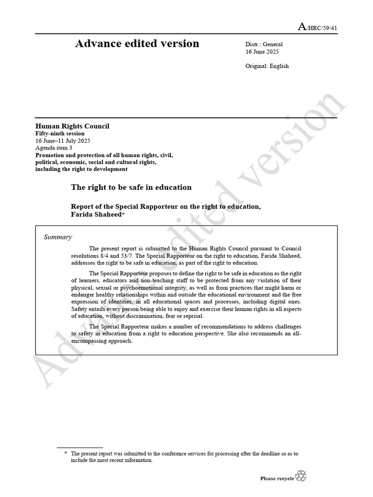 Unesco Report - Education and Safety - 2025 | PDF | Violence | Human Rights