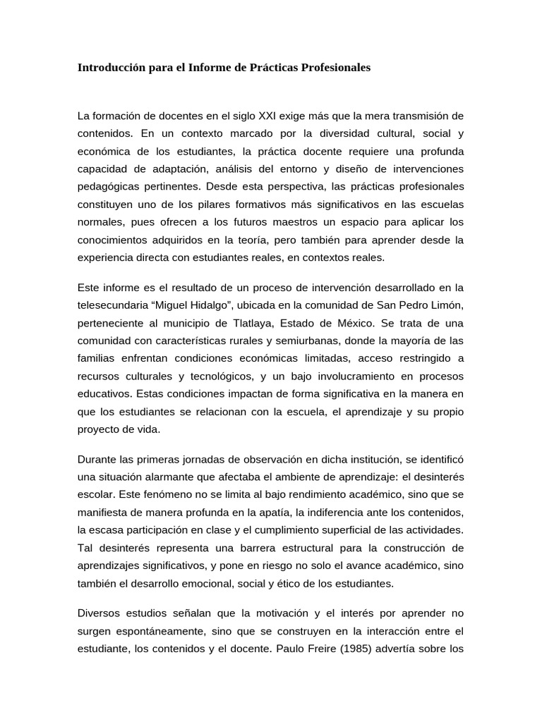 Informe de Practicas Profesionales | PDF | Enseñando | Aprendizaje
