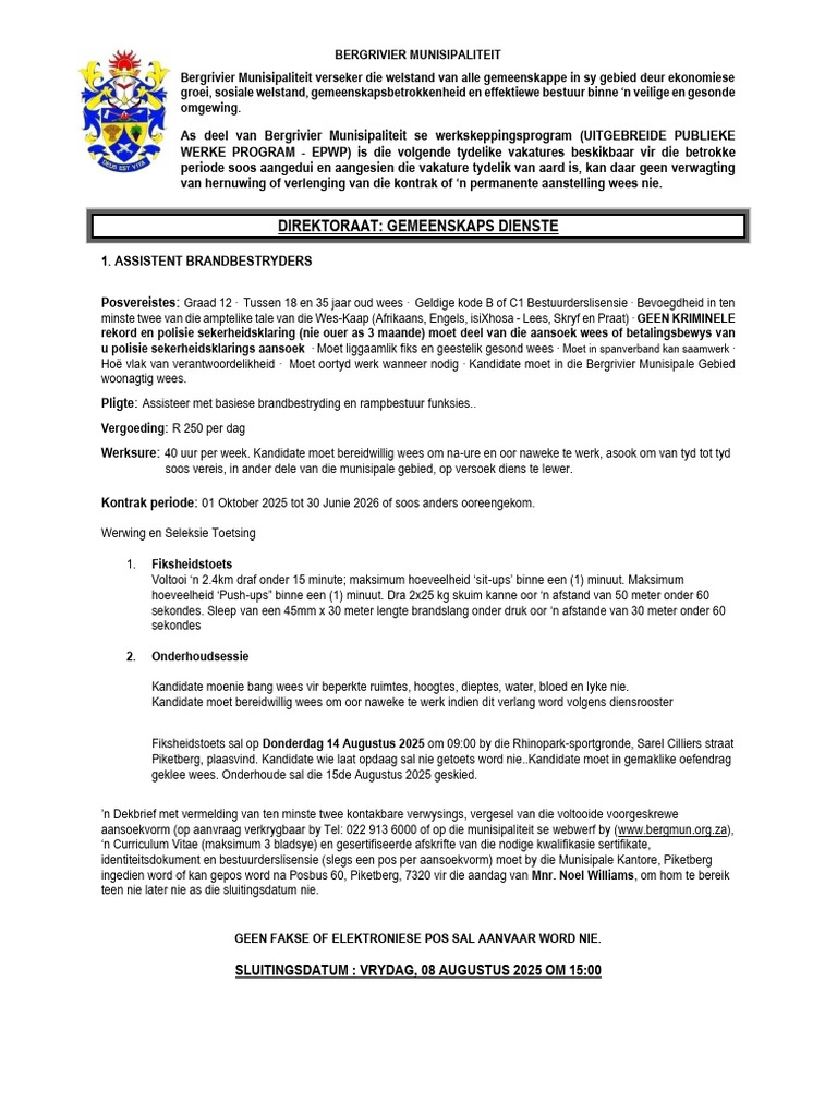 EPWP Brandweer Advertensie - Oktober 2025 30 Junie 2026 | PDF