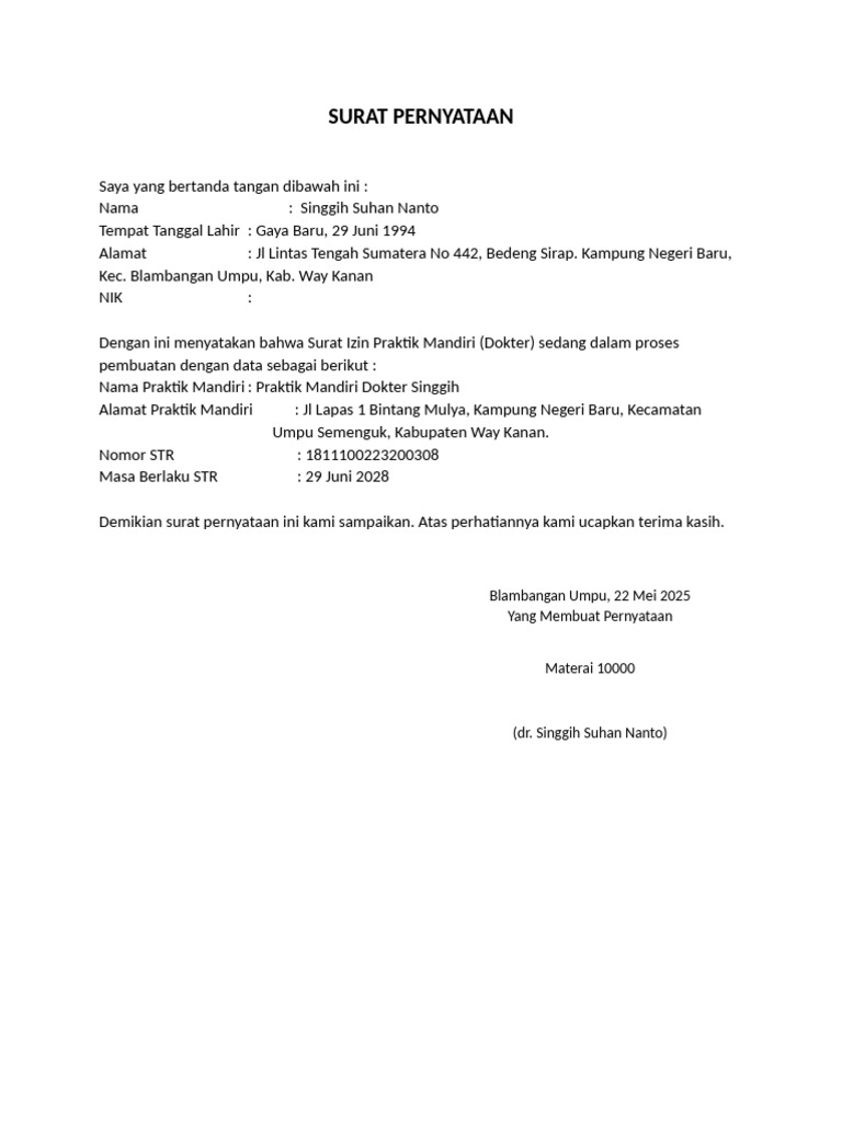 Surat Pernyataan Proses Sip Singgih | PDF