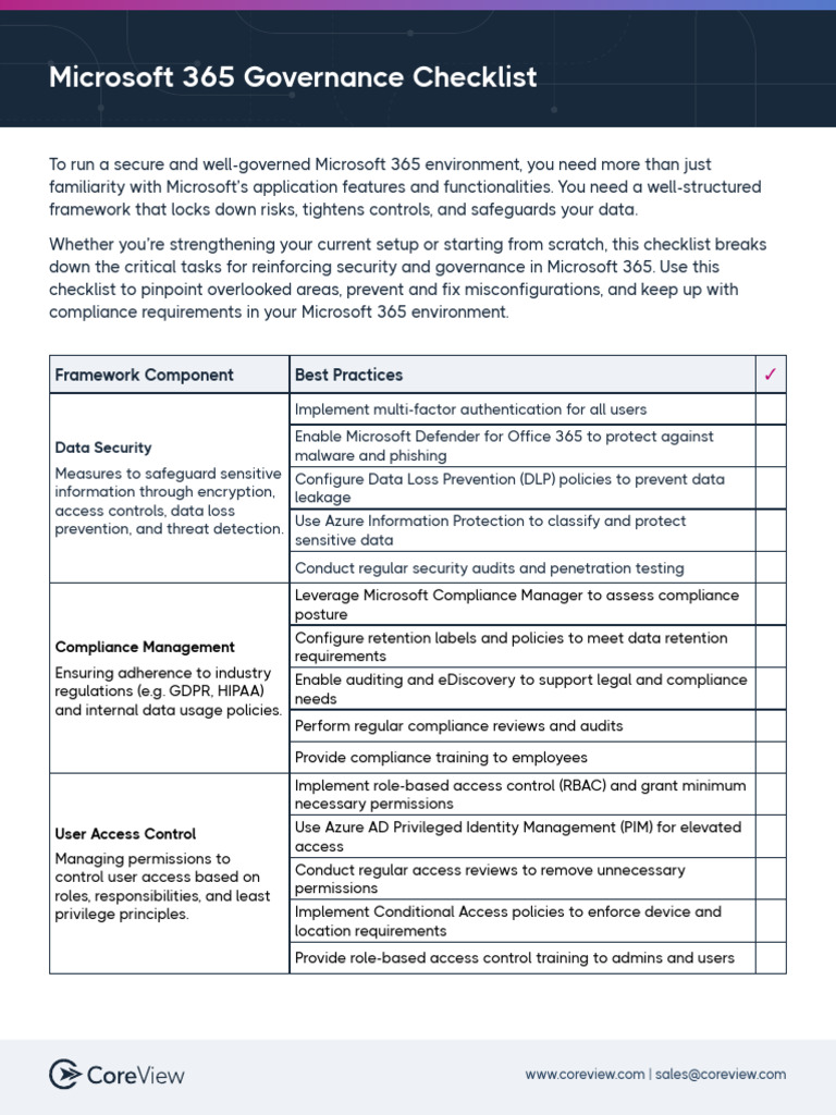 Microsoft 365 Governance Checklist | PDF | Security | Computer Security