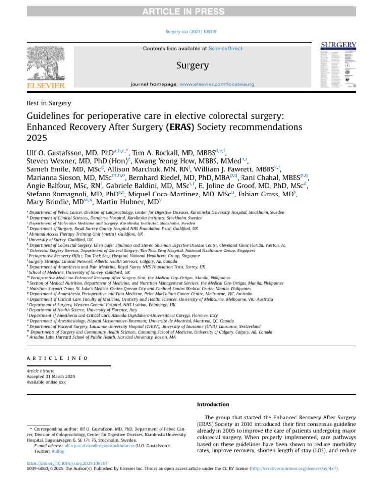 Guidelines For Perioperative Care in Elective Colorectal Surgery Enhanced Recovery After Surgery ...