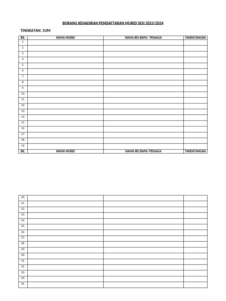Borang Kehadiran Pendaftaran Murid Sesi 2023 | PDF