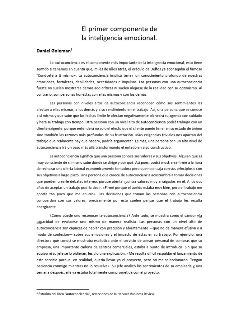 Autoconciencia según Daniel Goleman | PDF | Inteligencia emocional ...