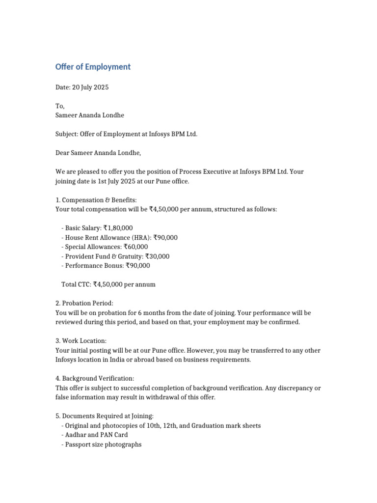 Infosys BPM Offer Letter Sameer Londhe | PDF