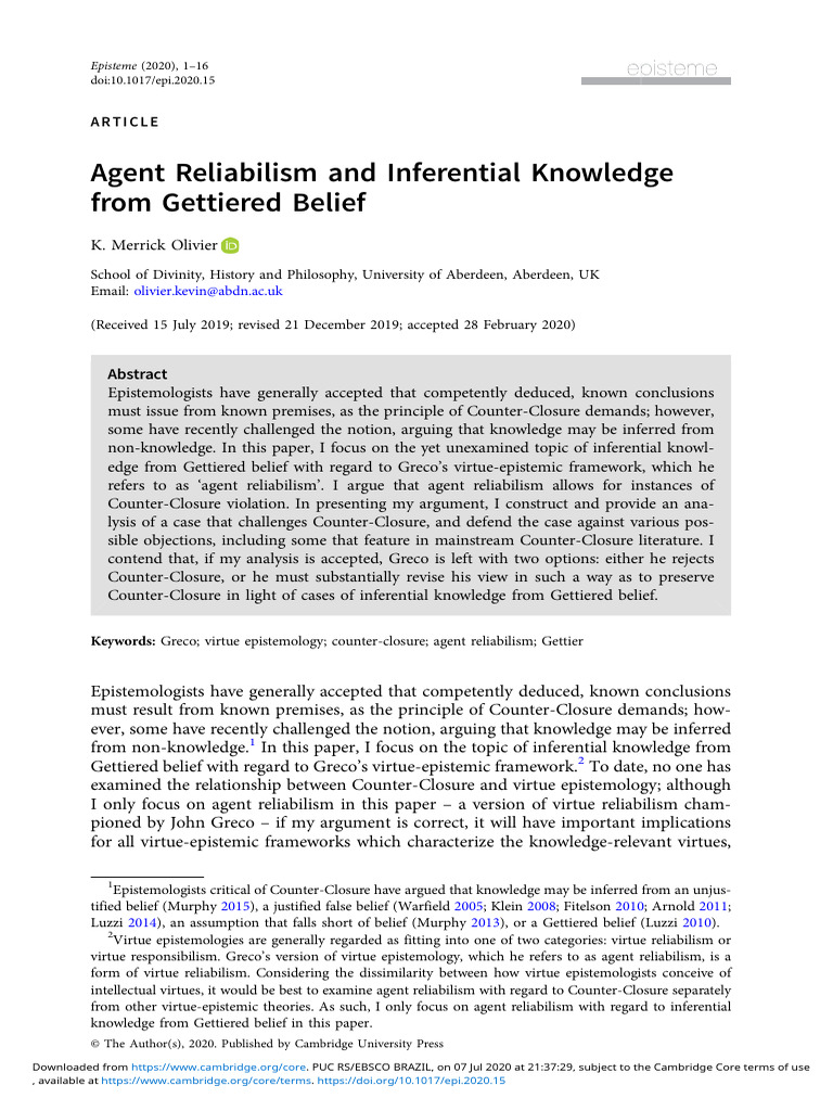 Olivier, K. Merrick. Agent Reliabilism and Inferential Knowledge From ...