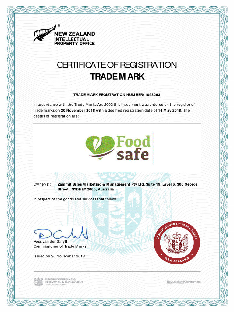 Zammit Promotional Products Food Safe Certificate NZ | PDF