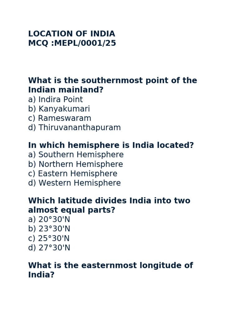 Location of India MCQ | PDF