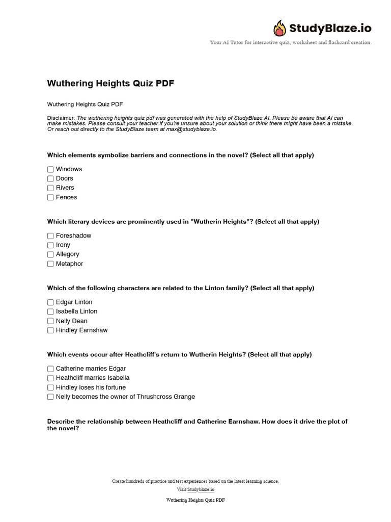 Wuthering Heights Quiz PDF | PDF | Wuthering Heights | Heathcliff ...