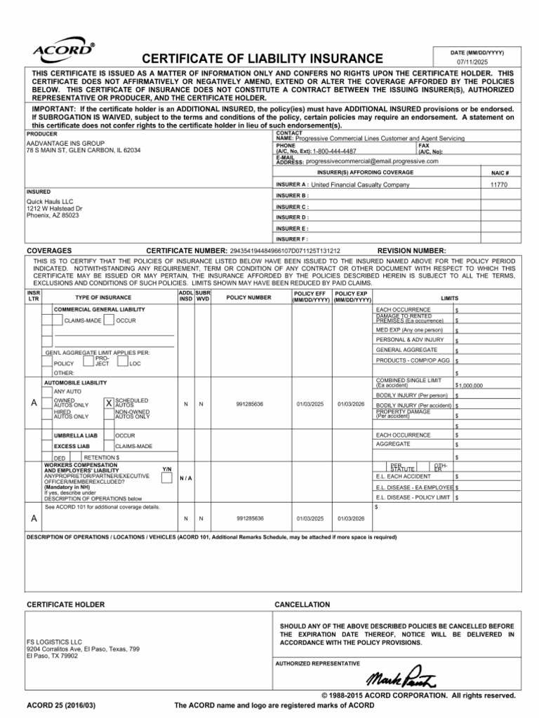 Quick Hauls LLC - Certificate of Insurance For FS LOGISTICS LLC | PDF