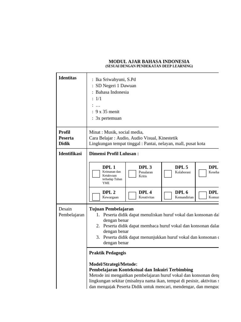 Modul Ajar Huruf Vokal dan Konsonan SD | PDF