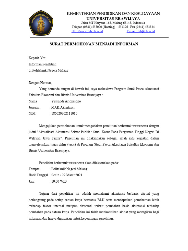 Surat Permohonan Menjadi Informan (Yuwandi Aricaksono) - Polinema | PDF
