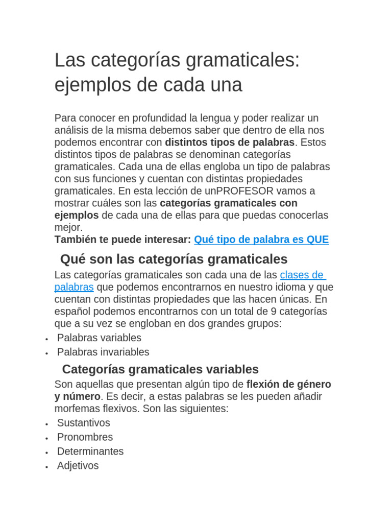 Categorías gramaticales en español | PDF | Parte del discurso | Palabra
