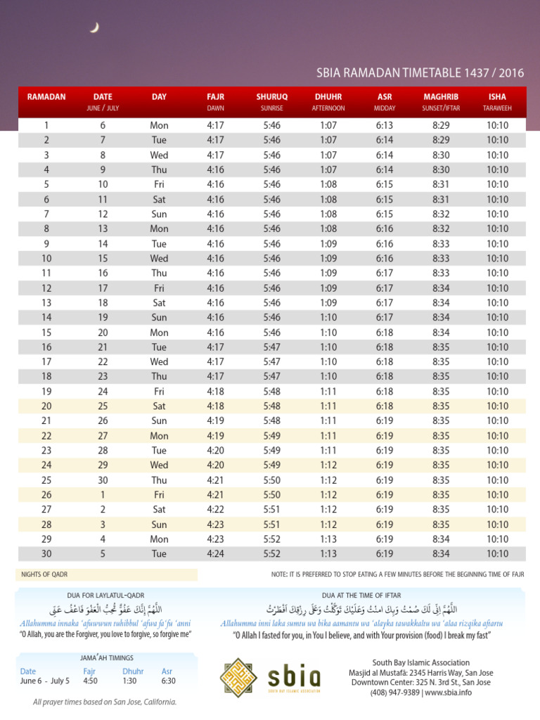 SBIA Ramadan Timetable 2016 | PDF | Ramadan | Islamic Jurisprudence