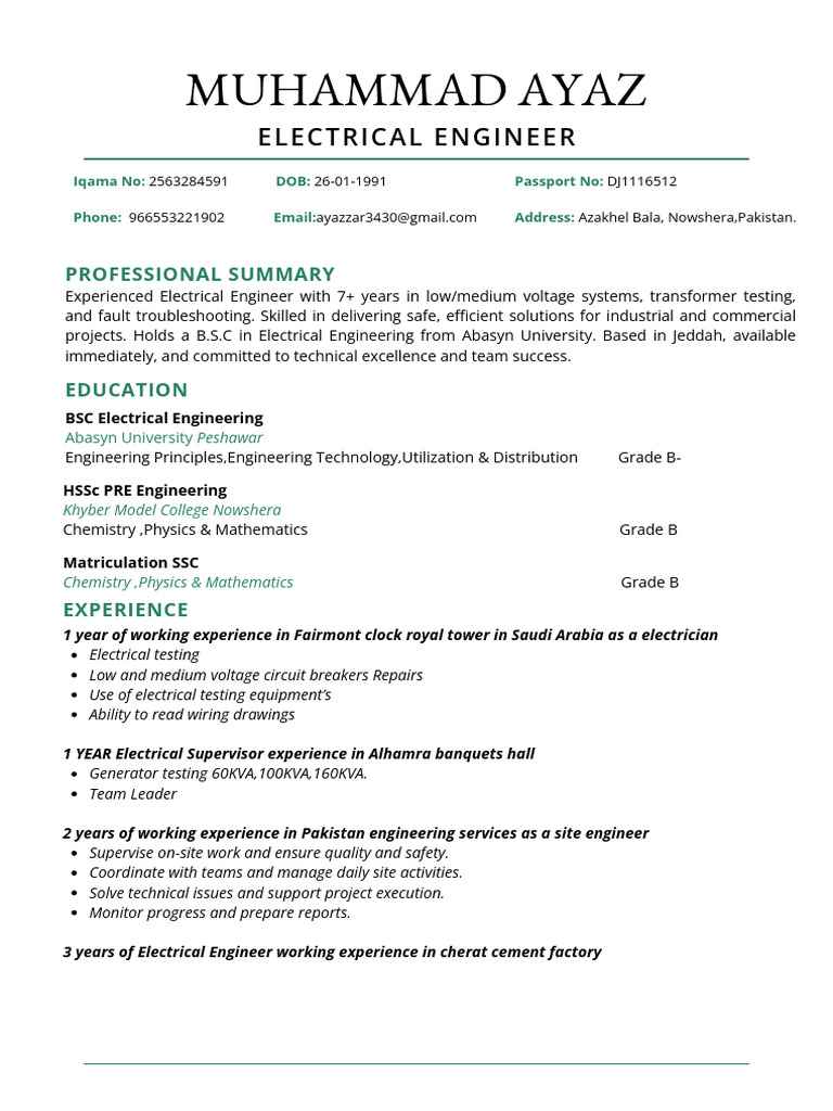 Muhammad Ayaz: Electrical Engineer Profile | PDF