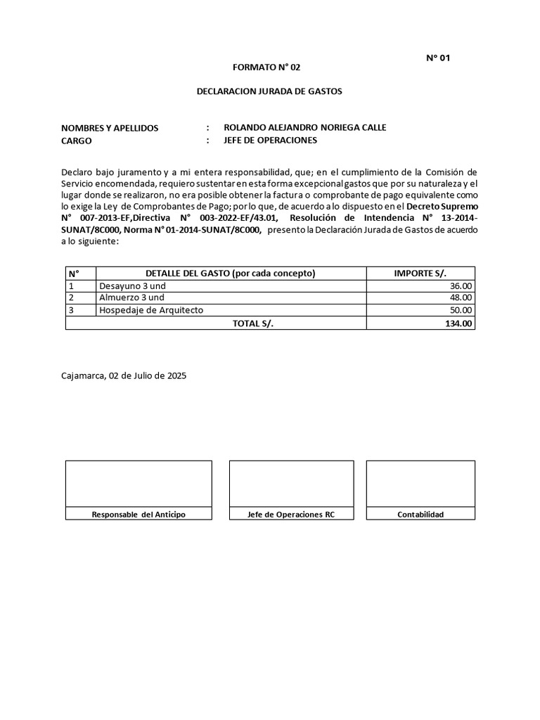 Decla Gastos Perfil Cajamarca | PDF