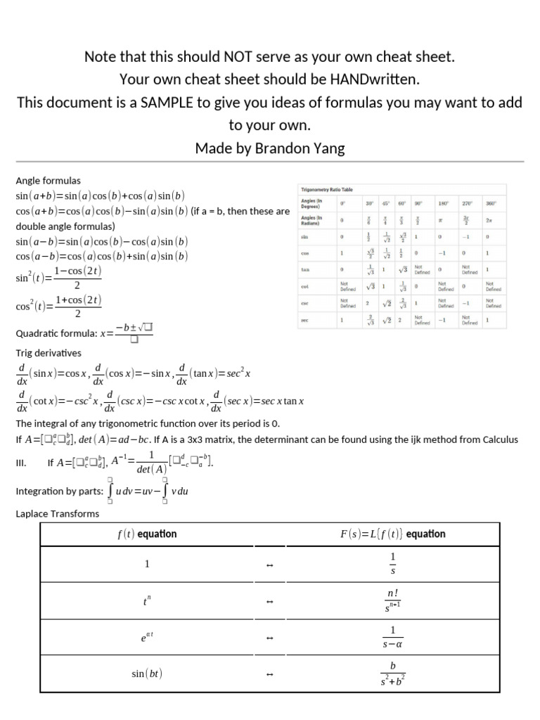 Differential Equations Final SAMPLE Cheat Sheet | PDF | Vector Space | Algebra