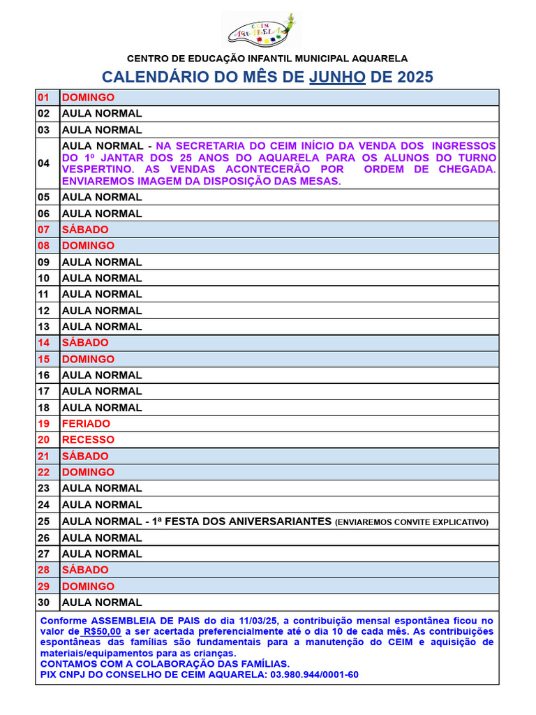 Calendário Junho 2025 | PDF