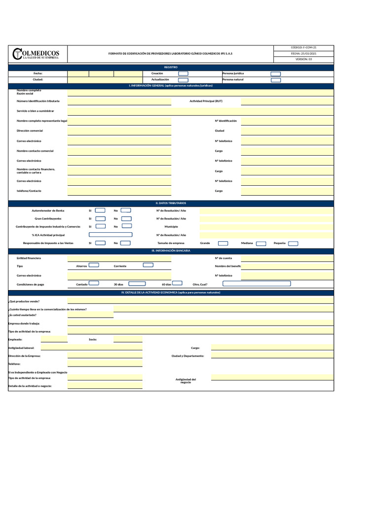 F-Com-21 Formato de Codificacion de Proveedores Colmedicos | PDF ...
