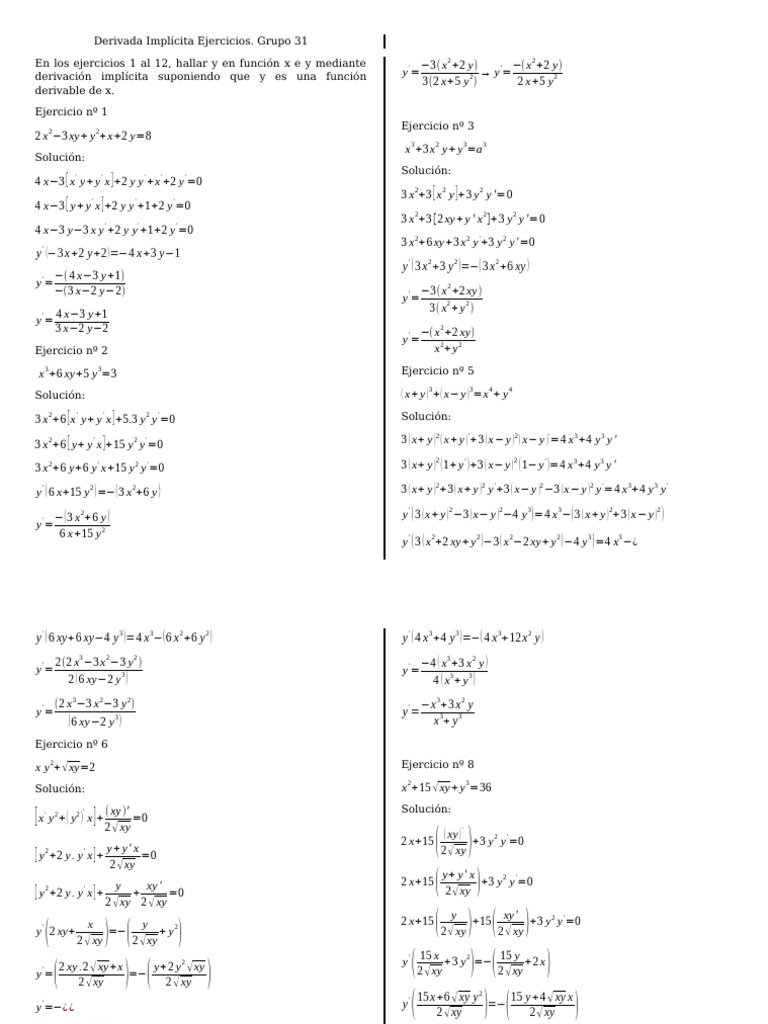 Derivada Implícita Ejercicios | PDF