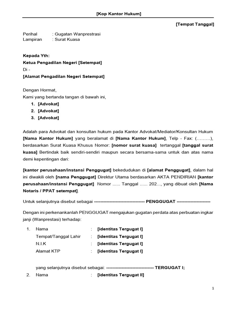 Contoh Gugatan Wanprestasi Sederhana | PDF