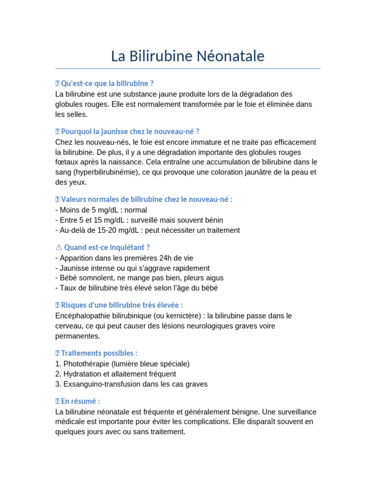 Bilirubine Neonatale Explication | PDF