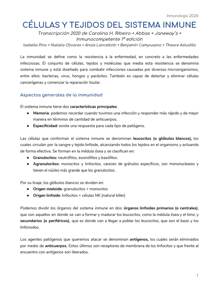 Inmunologia-1. Transcri Celulas y Tejidos Del Sistema Inmune - AMPARO AILEN MUÑOZ | PDF ...