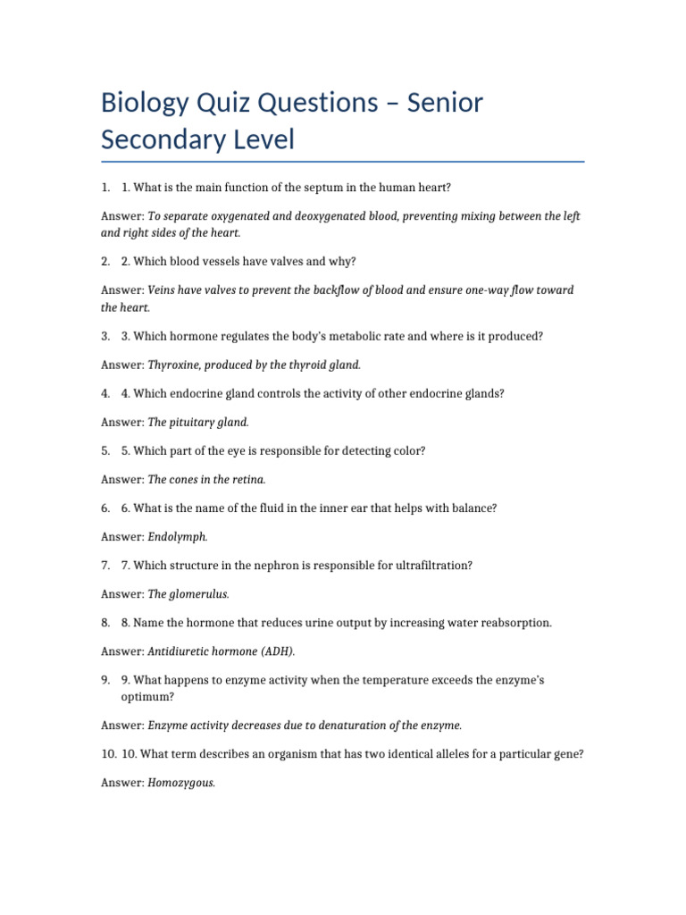 Biology Quiz Questions Senior | PDF