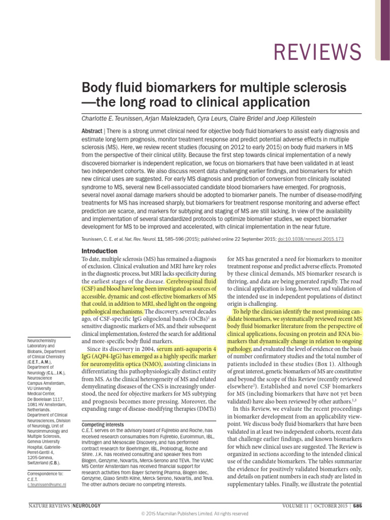 Body Fluid Biomarkers EM | PDF | Multiple Sclerosis | Biomarker