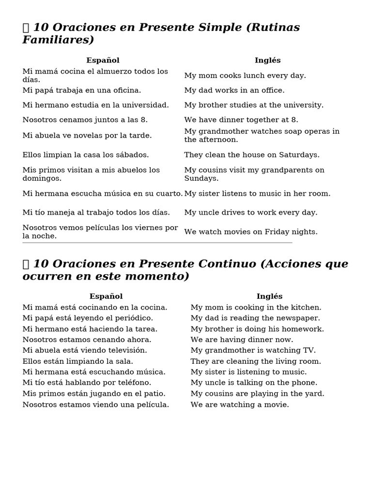 10 Oraciones en Presente Simple y Continuo | PDF