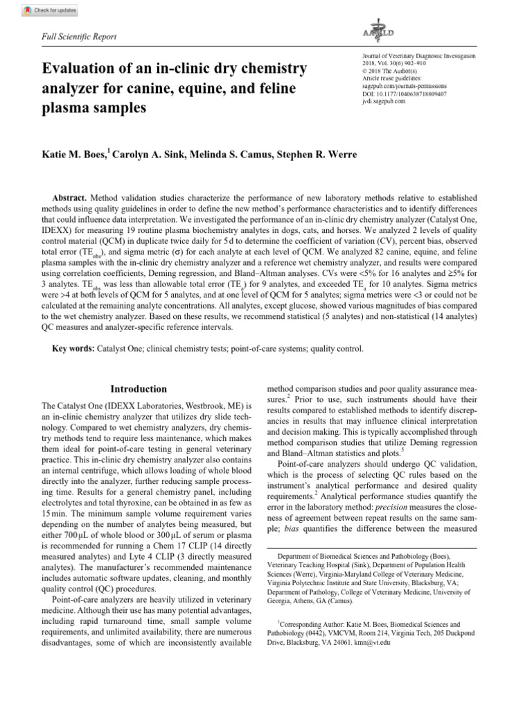 Boes Et Al 2018 Evaluation of An in Clinic Dry Chemistry Analyzer For ...