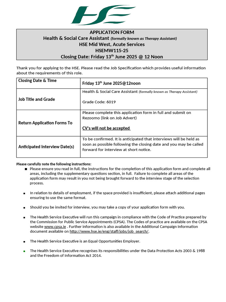 HSEMW115-25 Health - Social Care Assistant - Application Form - Acute ...